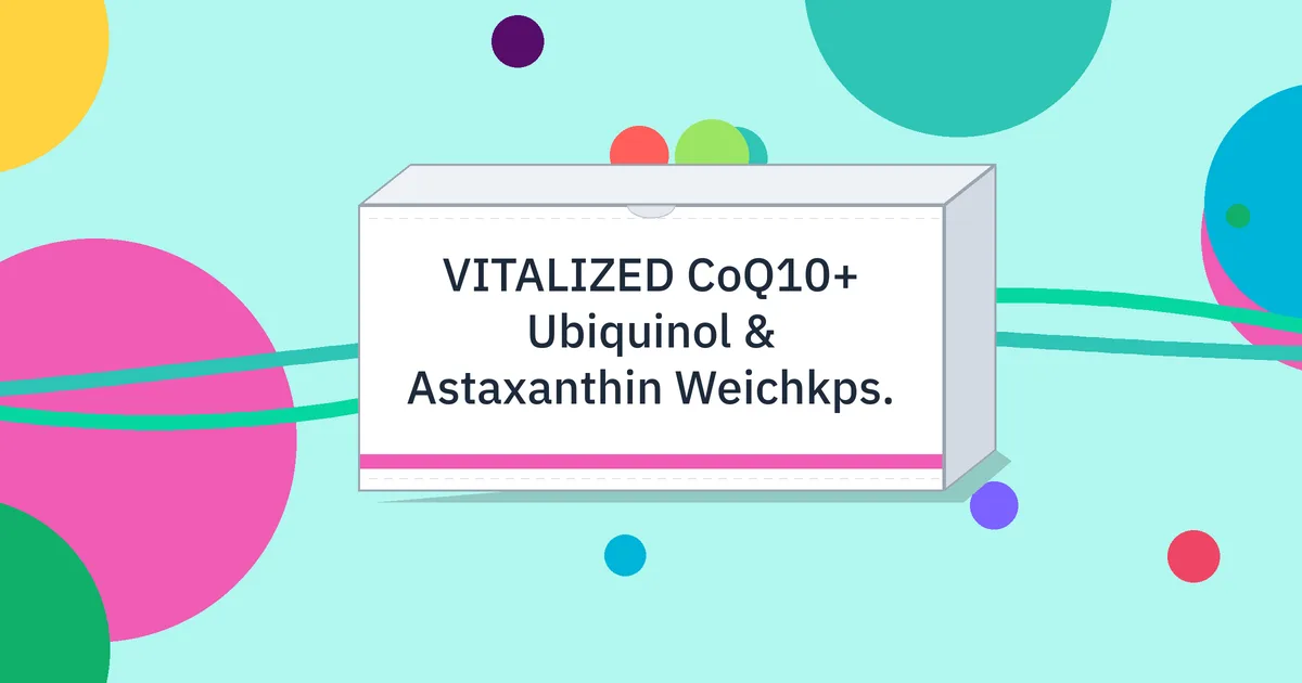 Symbolbild: Packung mit der Aufschrift VITALIZED CoQ10+ Ubiquinol & Astaxanthin Weichkps. (PZN 20548533) – Verfügbarkeit und Bezug in Apotheken in Frankfurt am Main