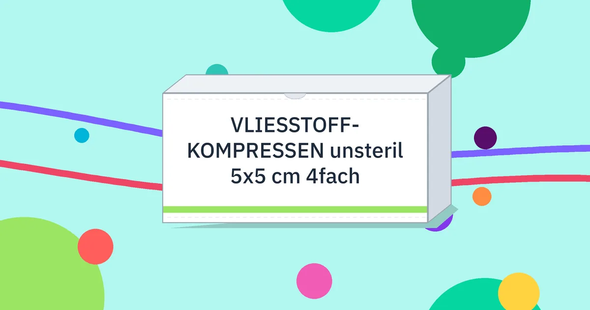 Symbolbild: Packung mit der Aufschrift VLIESSTOFF-KOMPRESSEN unsteril 5x5 cm 4fach (PZN 03389719) – Verfügbarkeit und Bezug in Apotheken in Frankfurt am Main