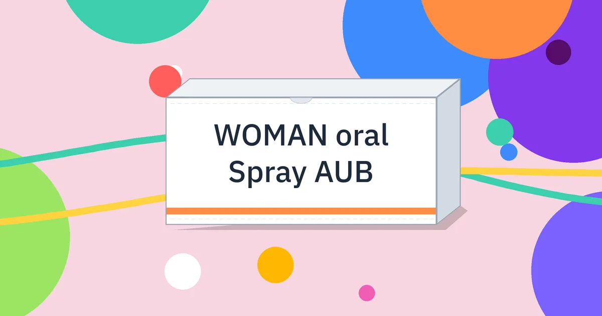 Symbolbild: Packung mit der Aufschrift WOMAN oral Spray AUB (PZN 18810142) – Verfügbarkeit und Bezug in Apotheken in Frankfurt am Main