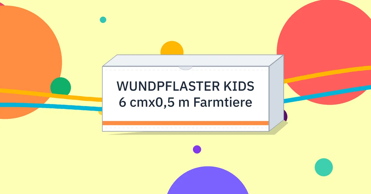 Symbolbild: Packung mit der Aufschrift WUNDPFLASTER KIDS 6 cmx0,5 m Farmtiere (PZN 15248970) – Verfügbarkeit und Bezug in Apotheken in Frankfurt am Main
