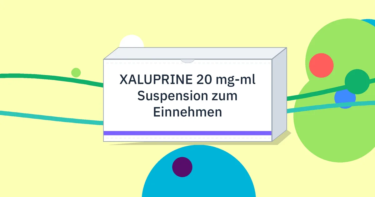 Symbolbild: Packung mit der Aufschrift XALUPRINE 20 mg-ml Suspension zum Einnehmen (PZN 17196763) – Verfügbarkeit und Bezug in Apotheken in Frankfurt am Main