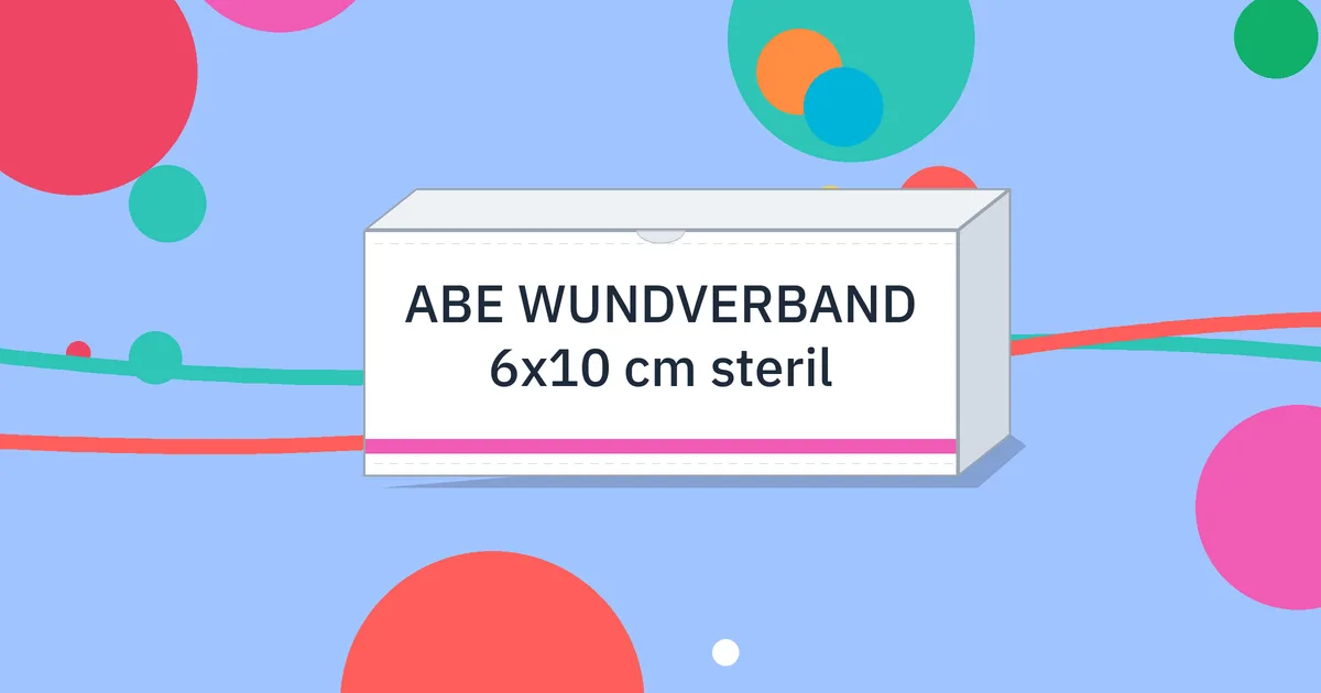 Symbolbild: Packung mit der Aufschrift ABE WUNDVERBAND 6x10 cm steril (PZN 01126022) – Verfügbarkeit und Bezug in Apotheken in Frankfurt am Main