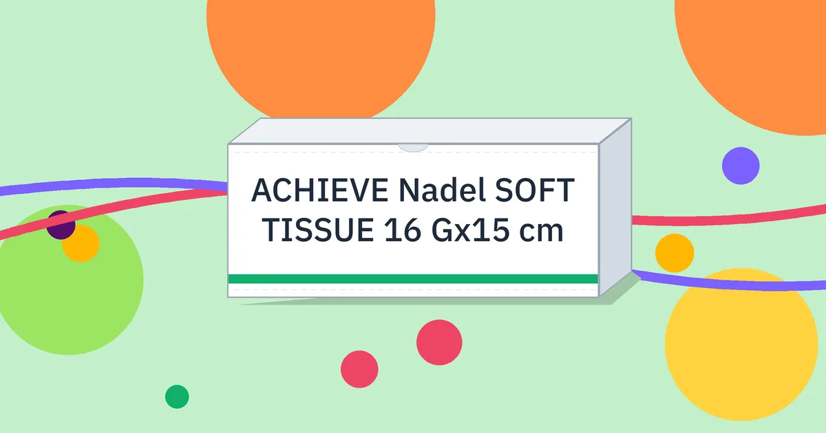 Symbolbild: Packung mit der Aufschrift ACHIEVE Nadel SOFT TISSUE 16 Gx15 cm (PZN 18763425) – Verfügbarkeit und Bezug in Apotheken in Frankfurt am Main