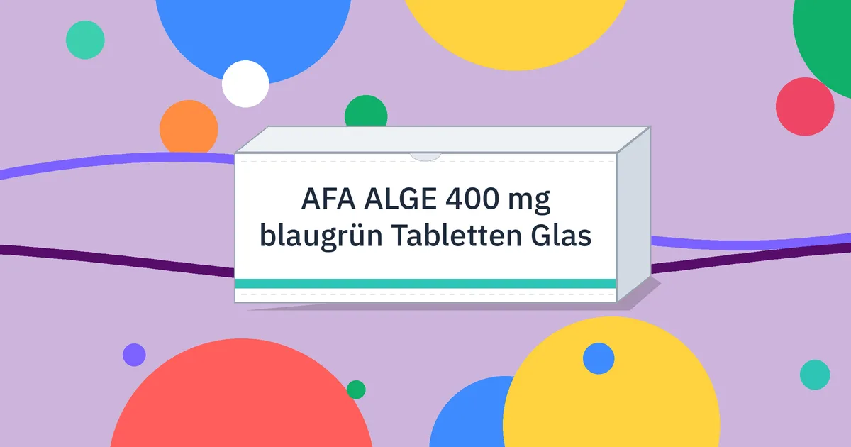 Symbolbild: Packung mit der Aufschrift AFA ALGE 400 mg blaugrün Tabletten Glas (PZN 02718925) – Verfügbarkeit und Bezug in Apotheken in Frankfurt am Main
