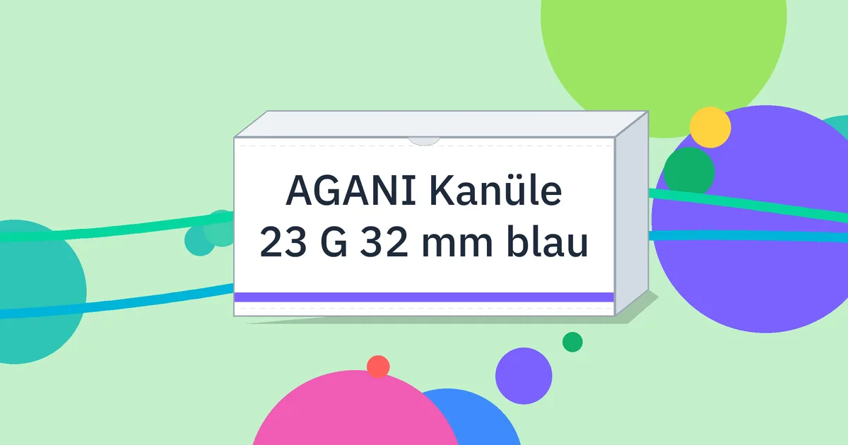 Symbolbild: Packung mit der Aufschrift AGANI Kanüle 23 G 32 mm blau (PZN 01802173) – Verfügbarkeit und Bezug in Apotheken in Frankfurt am Main