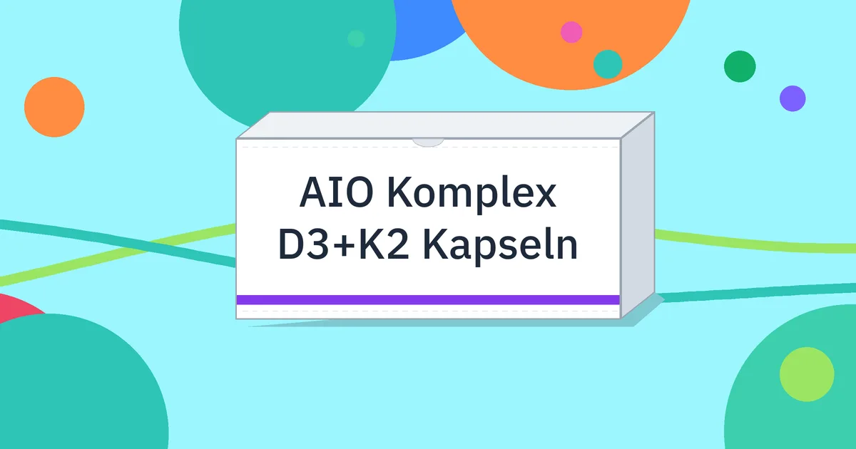 Symbolbild: Packung mit der Aufschrift AIO Komplex D3+K2 Kapseln (PZN 19178864) – Verfügbarkeit und Bezug in Apotheken in Frankfurt am Main