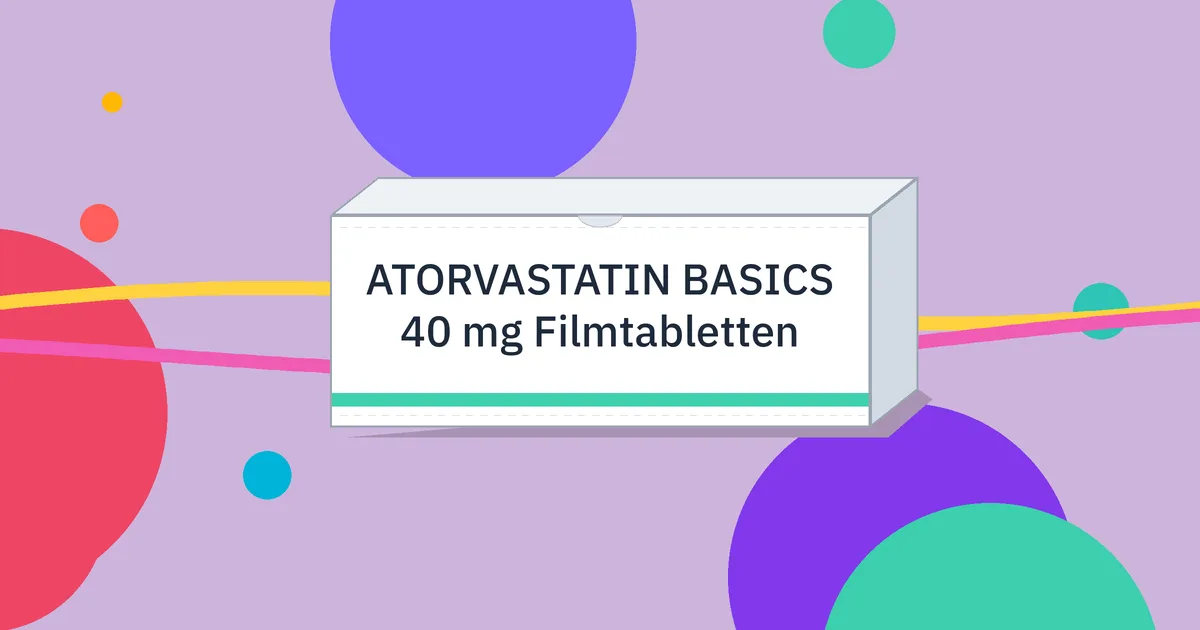 Symbolbild: Packung mit der Aufschrift ATORVASTATIN BASICS 40 mg Filmtabletten (PZN 00524298) – Verfügbarkeit und Bezug in Apotheken in Frankfurt am Main