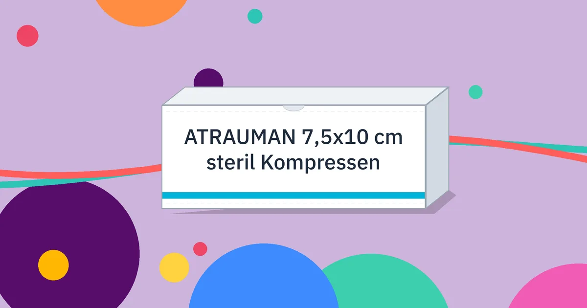 Symbolbild: Packung mit der Aufschrift ATRAUMAN 7,5x10 cm steril Kompressen (PZN 11219888) – Verfügbarkeit und Bezug in Apotheken in Frankfurt am Main