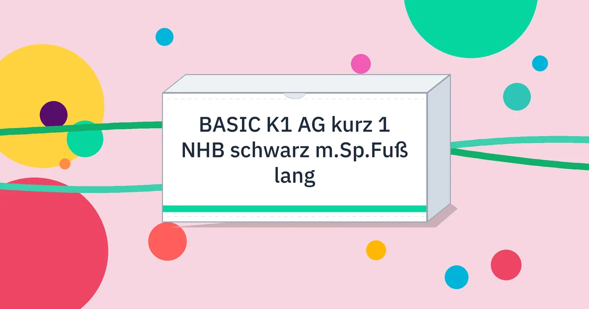 Symbolbild: Packung mit der Aufschrift BASIC K1 AG kurz 1 NHB schwarz m.Sp.Fuß lang (PZN 20259527) – Verfügbarkeit und Bezug in Apotheken in Frankfurt am Main