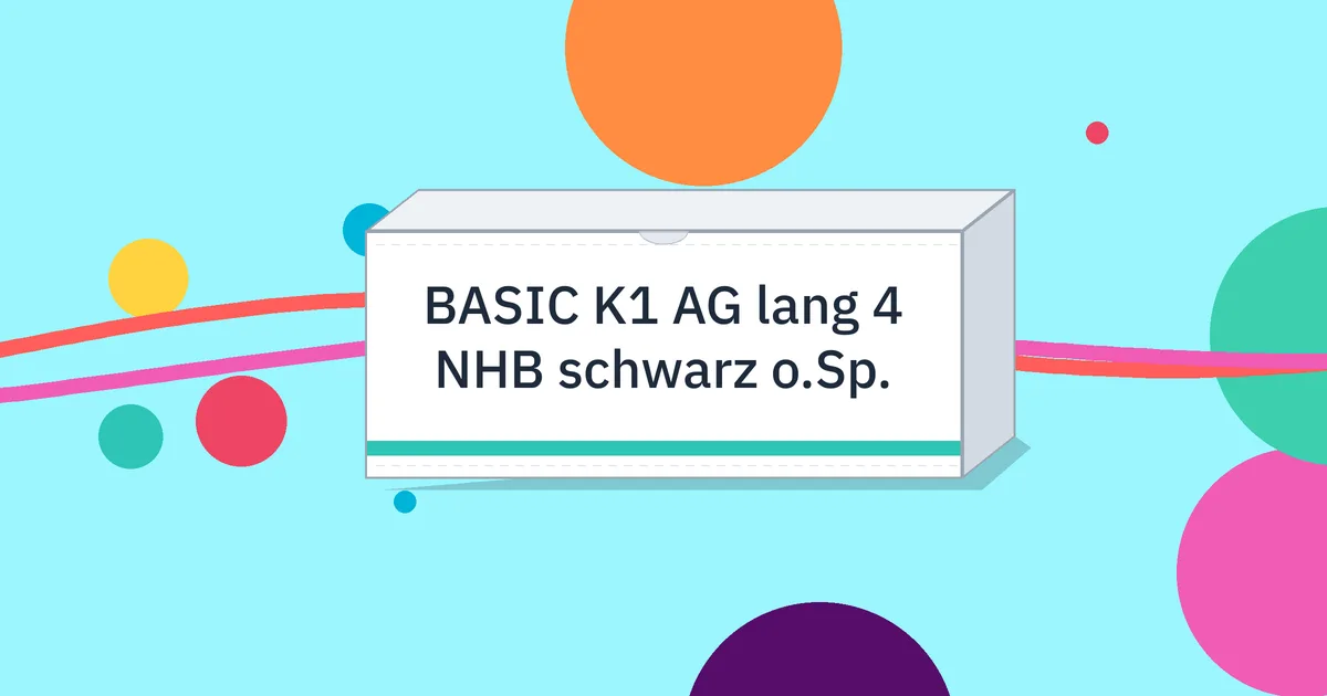 Symbolbild: Packung mit der Aufschrift BASIC K1 AG lang 4 NHB schwarz o.Sp. (PZN 20260737) – Verfügbarkeit und Bezug in Apotheken in Frankfurt am Main