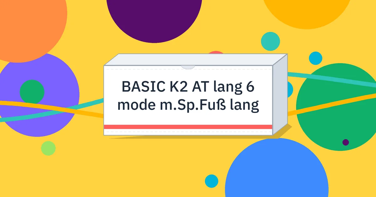 Symbolbild: Packung mit der Aufschrift BASIC K2 AT lang 6 mode m.Sp.Fuß lang (PZN 20269939) – Verfügbarkeit und Bezug in Apotheken in Frankfurt am Main