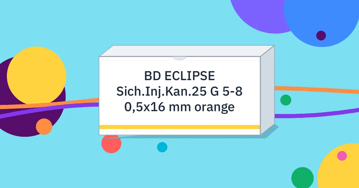 Symbolbild: Packung mit der Aufschrift BD ECLIPSE Sich.Inj.Kan.25 G 5-8 0,5x16 mm orange (PZN 11117521) – Verfügbarkeit und Bezug in Apotheken in Frankfurt am Main