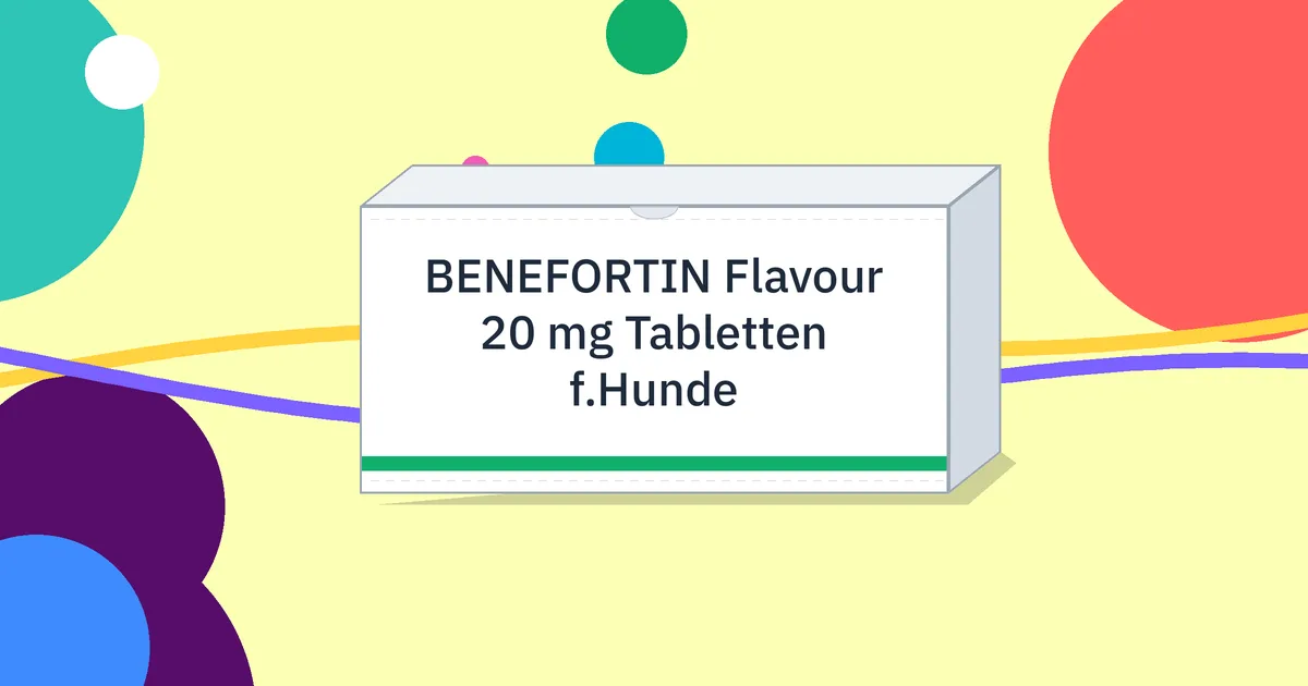 Symbolbild: Packung mit der Aufschrift BENEFORTIN Flavour 20 mg Tabletten f.Hunde (PZN 09631883) – Verfügbarkeit und Bezug in Apotheken in Frankfurt am Main