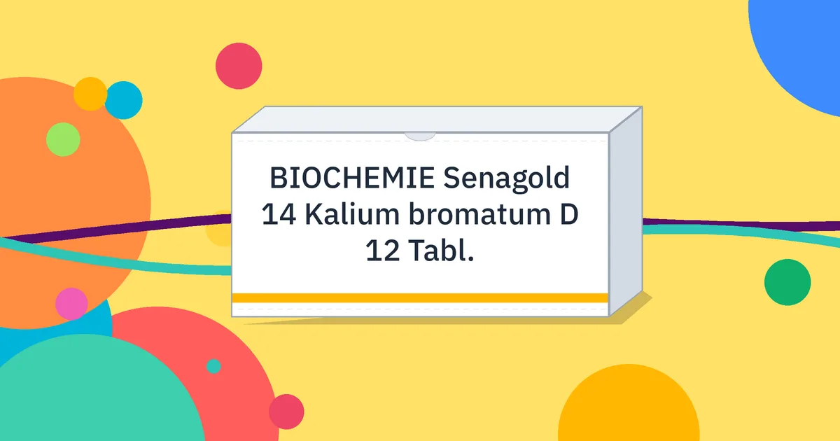 Symbolbild: Packung mit der Aufschrift BIOCHEMIE Senagold 14 Kalium bromatum D 12 Tabl. (PZN 07544447) – Verfügbarkeit und Bezug in Apotheken in Frankfurt am Main