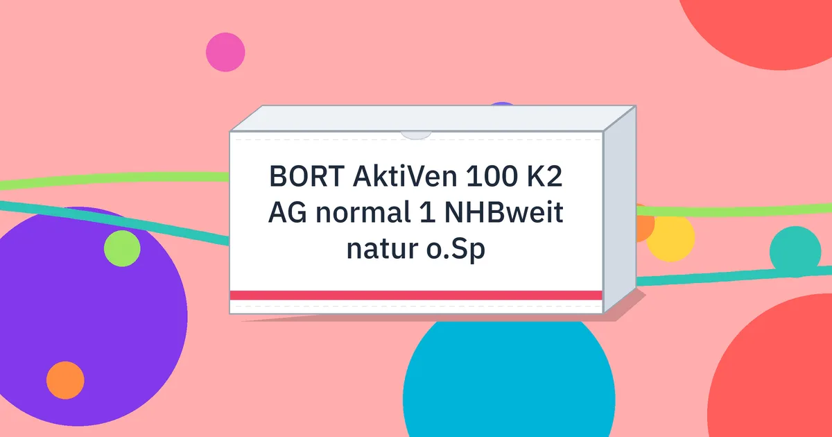 Symbolbild: Packung mit der Aufschrift BORT AktiVen 100 K2 AG normal 1 NHBweit natur o.Sp (PZN 13730102) – Verfügbarkeit und Bezug in Apotheken in Frankfurt am Main