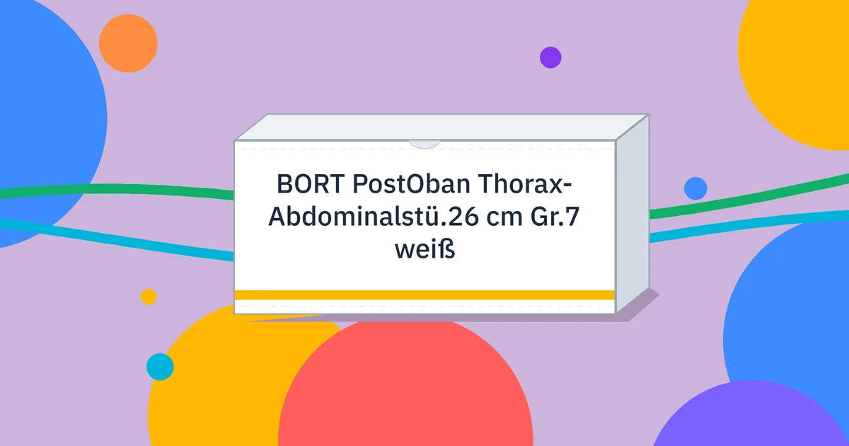 Symbolbild: Packung mit der Aufschrift BORT PostOban Thorax-Abdominalstü.26 cm Gr.7 weiß (PZN 02774697) – Verfügbarkeit und Bezug in Apotheken in Frankfurt am Main
