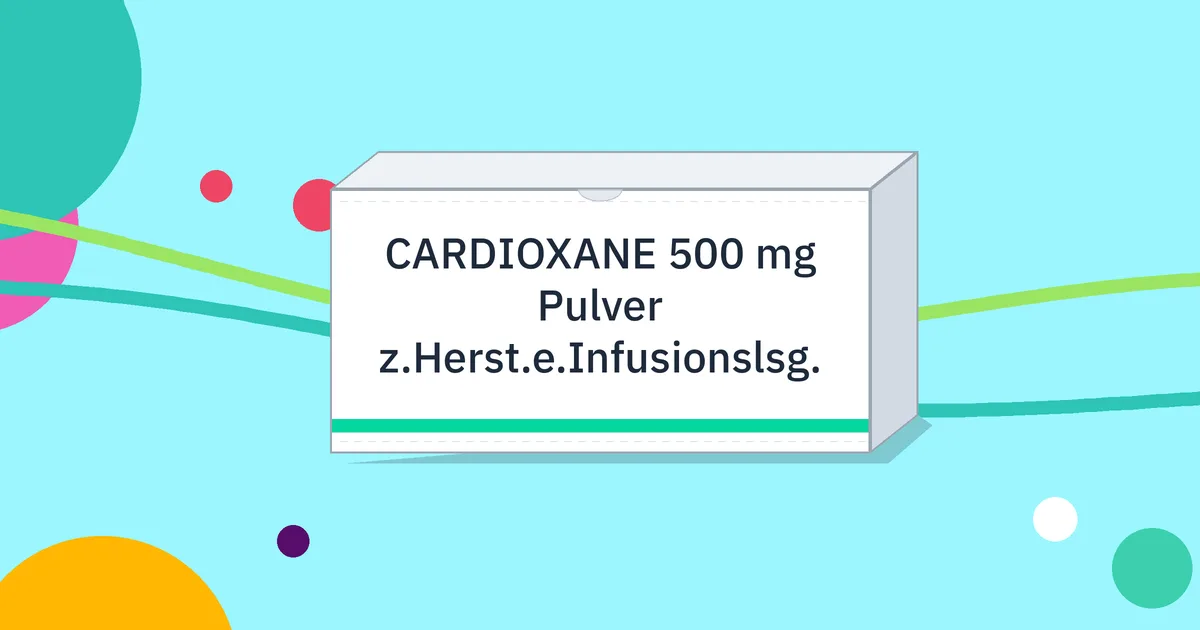 Symbolbild: Packung mit der Aufschrift CARDIOXANE 500 mg Pulver z.Herst.e.Infusionslsg. (PZN 02056111) – Verfügbarkeit und Bezug in Apotheken in Frankfurt am Main