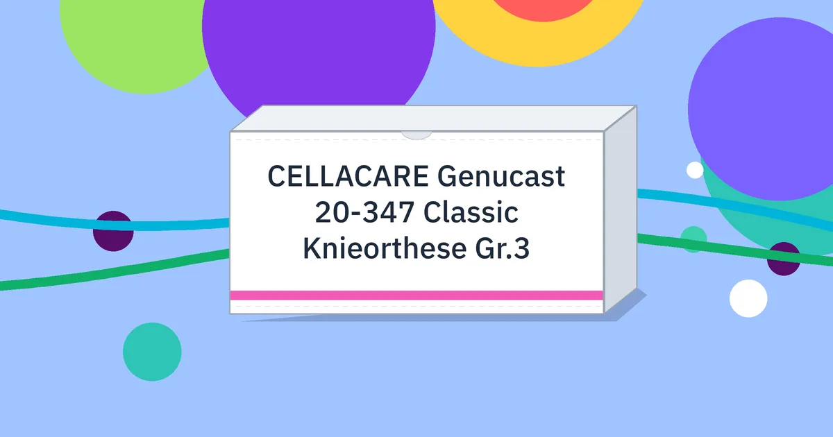 Symbolbild: Packung mit der Aufschrift CELLACARE Genucast 20-347 Classic Knieorthese Gr.3 (PZN 14366785) – Verfügbarkeit und Bezug in Apotheken in Frankfurt am Main