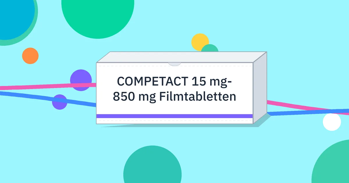 Symbolbild: Packung mit der Aufschrift COMPETACT 15 mg-850 mg Filmtabletten (PZN 09074046) – Verfügbarkeit und Bezug in Apotheken in Frankfurt am Main