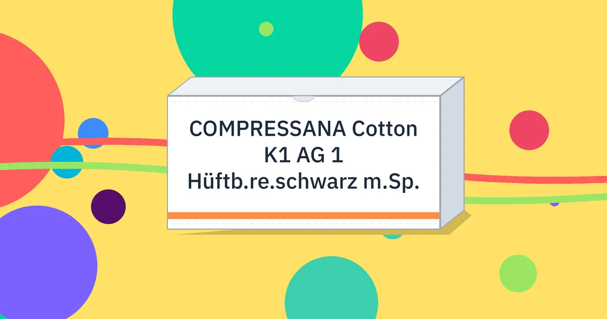 Symbolbild: Packung mit der Aufschrift COMPRESSANA Cotton K1 AG 1 Hüftb.re.schwarz m.Sp. (PZN 12980110) – Verfügbarkeit und Bezug in Apotheken in Frankfurt am Main