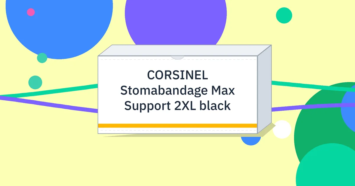 Symbolbild: Packung mit der Aufschrift CORSINEL Stomabandage Max Support 2XL black (PZN 19508014) – Verfügbarkeit und Bezug in Apotheken in Frankfurt am Main