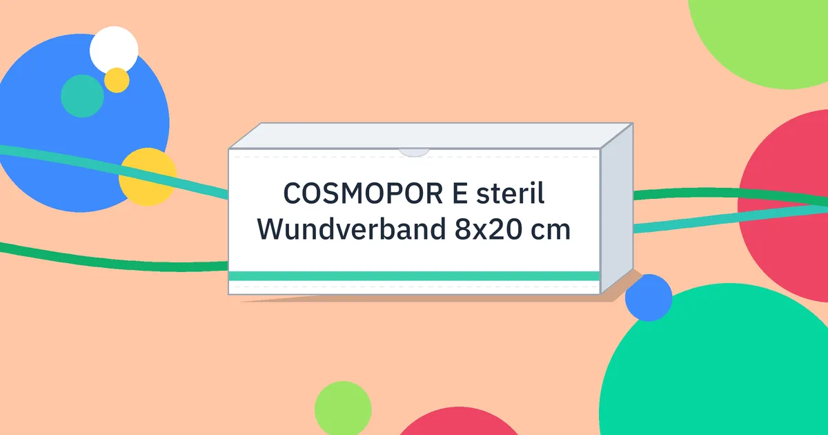 Symbolbild: Packung mit der Aufschrift COSMOPOR E steril Wundverband 8x20 cm (PZN 19665854) – Verfügbarkeit und Bezug in Apotheken in Frankfurt am Main