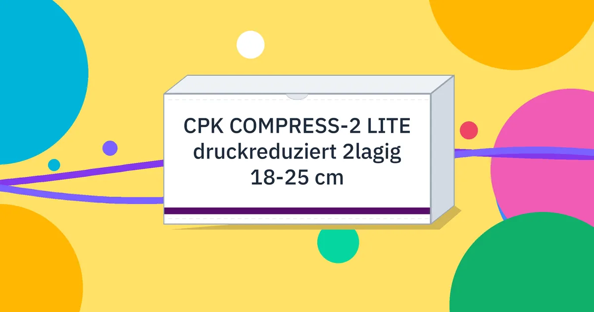 Symbolbild: Packung mit der Aufschrift CPK COMPRESS-2 LITE druckreduziert 2lagig 18-25 cm (PZN 20368587) – Verfügbarkeit und Bezug in Apotheken in Frankfurt am Main