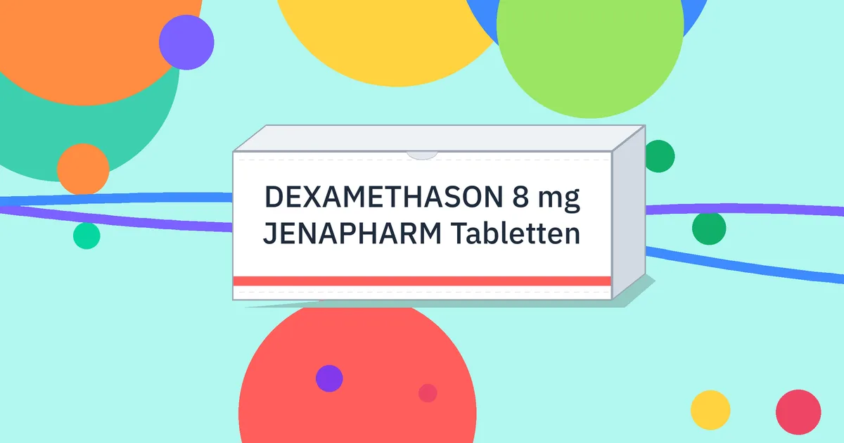 Symbolbild: Packung mit der Aufschrift DEXAMETHASON 8 mg JENAPHARM Tabletten (PZN 01436478) – Verfügbarkeit und Bezug in Apotheken in Frankfurt am Main