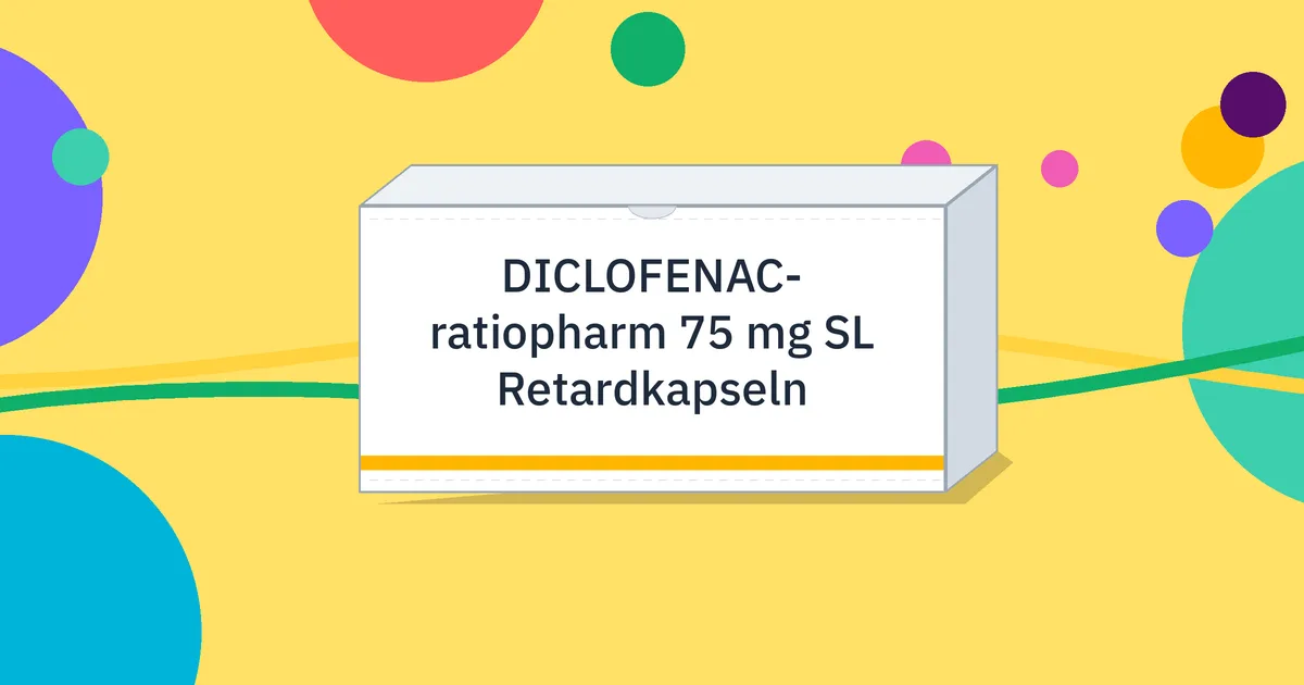 Symbolbild: Packung mit der Aufschrift DICLOFENAC-ratiopharm 75 mg SL Retardkapseln (PZN 07291644) – Verfügbarkeit und Bezug in Apotheken in Frankfurt am Main