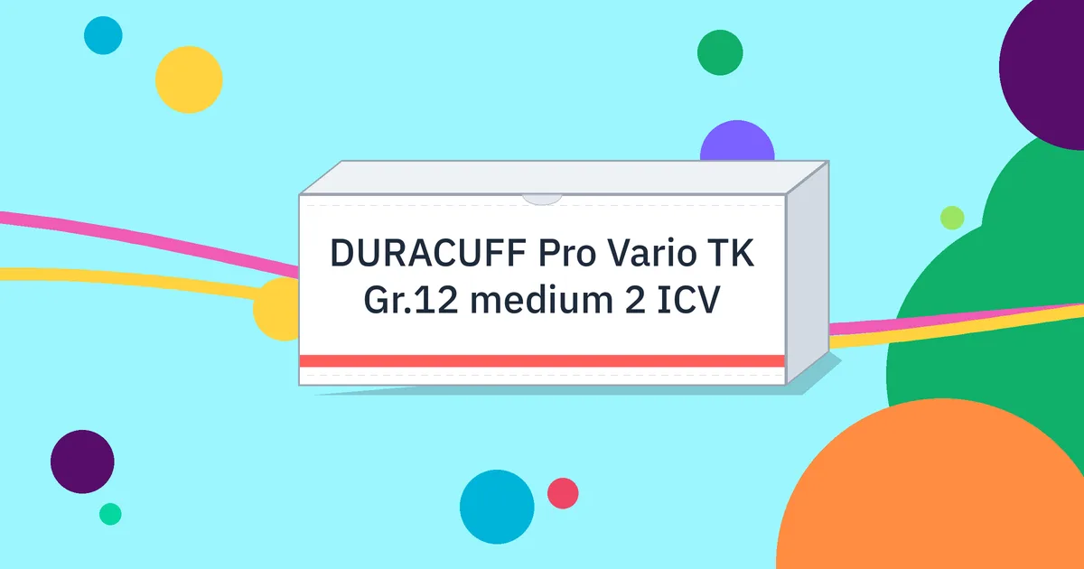 Symbolbild: Packung mit der Aufschrift DURACUFF Pro Vario TK Gr.12 medium 2 ICV (PZN 19245075) – Verfügbarkeit und Bezug in Apotheken in Frankfurt am Main