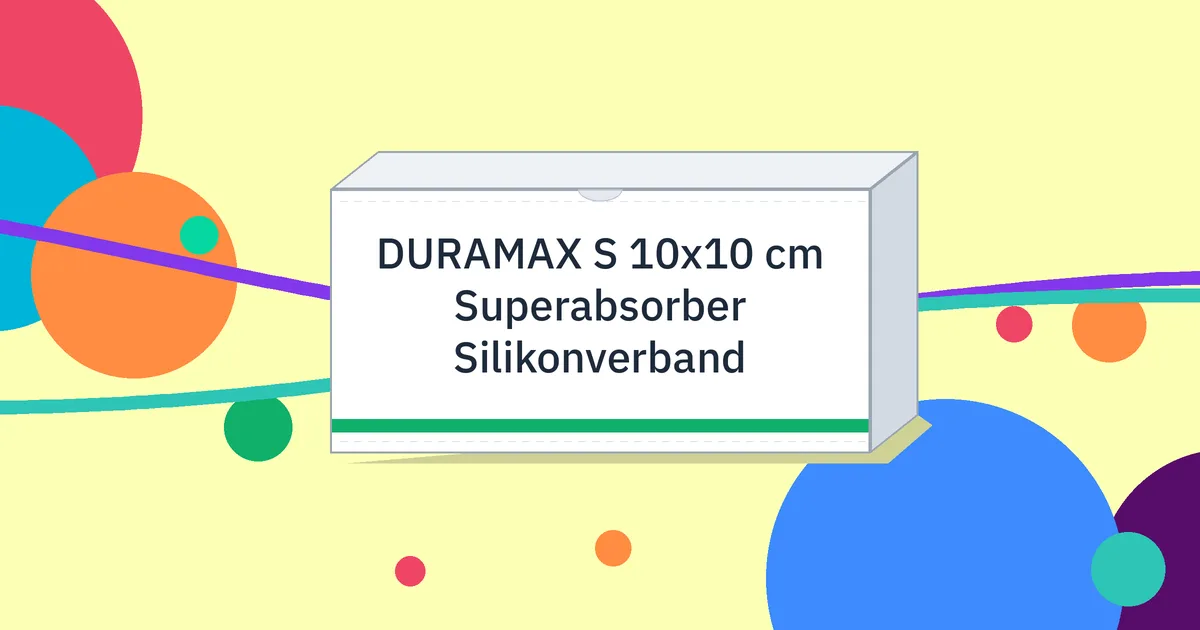 Symbolbild: Packung mit der Aufschrift DURAMAX S 10x10 cm Superabsorber Silikonverband (PZN 18676548) – Verfügbarkeit und Bezug in Apotheken in Frankfurt am Main