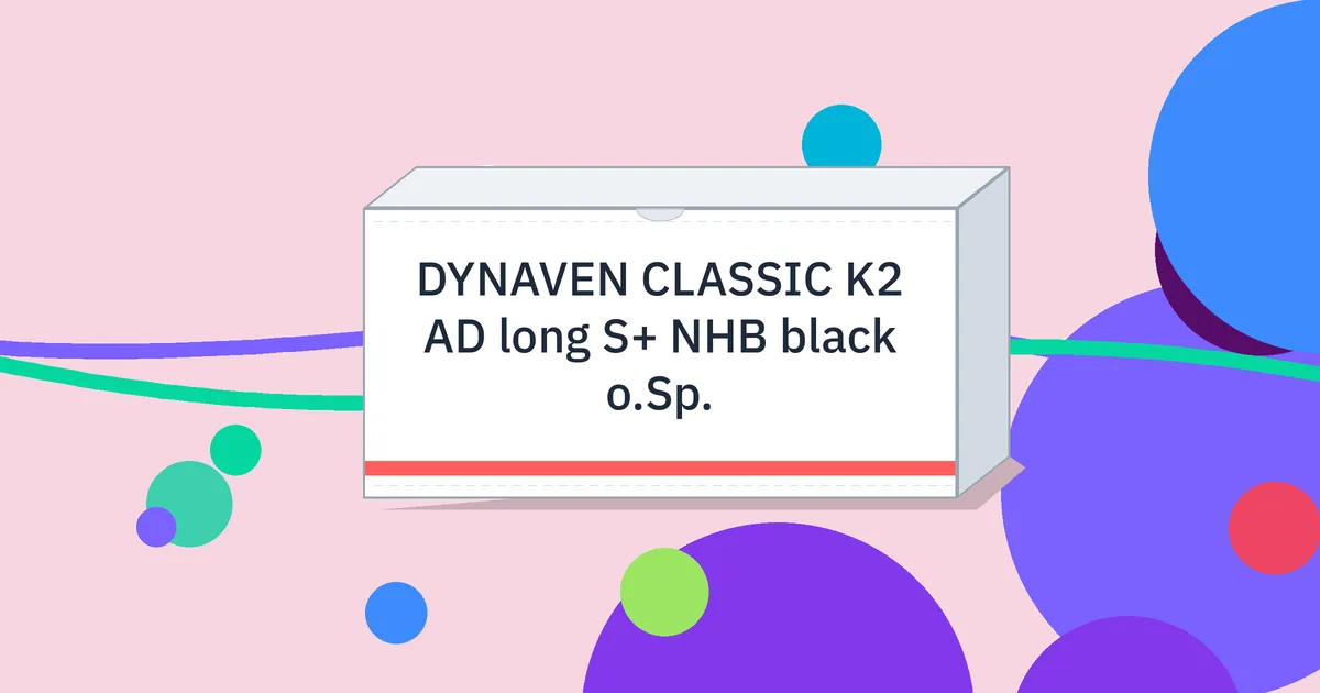 Symbolbild: Packung mit der Aufschrift DYNAVEN CLASSIC K2 AD long S+ NHB black o.Sp. (PZN 18417433) – Verfügbarkeit und Bezug in Apotheken in Frankfurt am Main