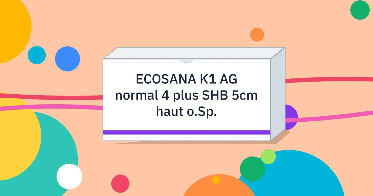 Symbolbild: Packung mit der Aufschrift ECOSANA K1 AG normal 4 plus SHB 5cm haut o.Sp. (PZN 04728626) – Verfügbarkeit und Bezug in Apotheken in Frankfurt am Main