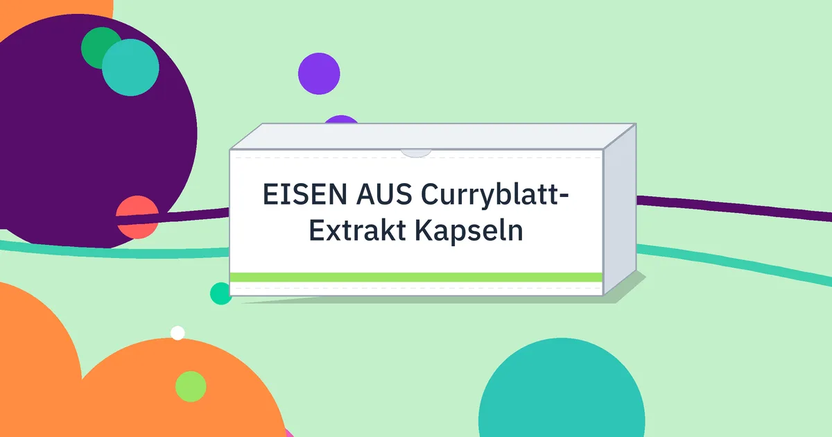 Symbolbild: Packung mit der Aufschrift EISEN AUS Curryblatt-Extrakt Kapseln (PZN 15656479) – Verfügbarkeit und Bezug in Apotheken in Frankfurt am Main