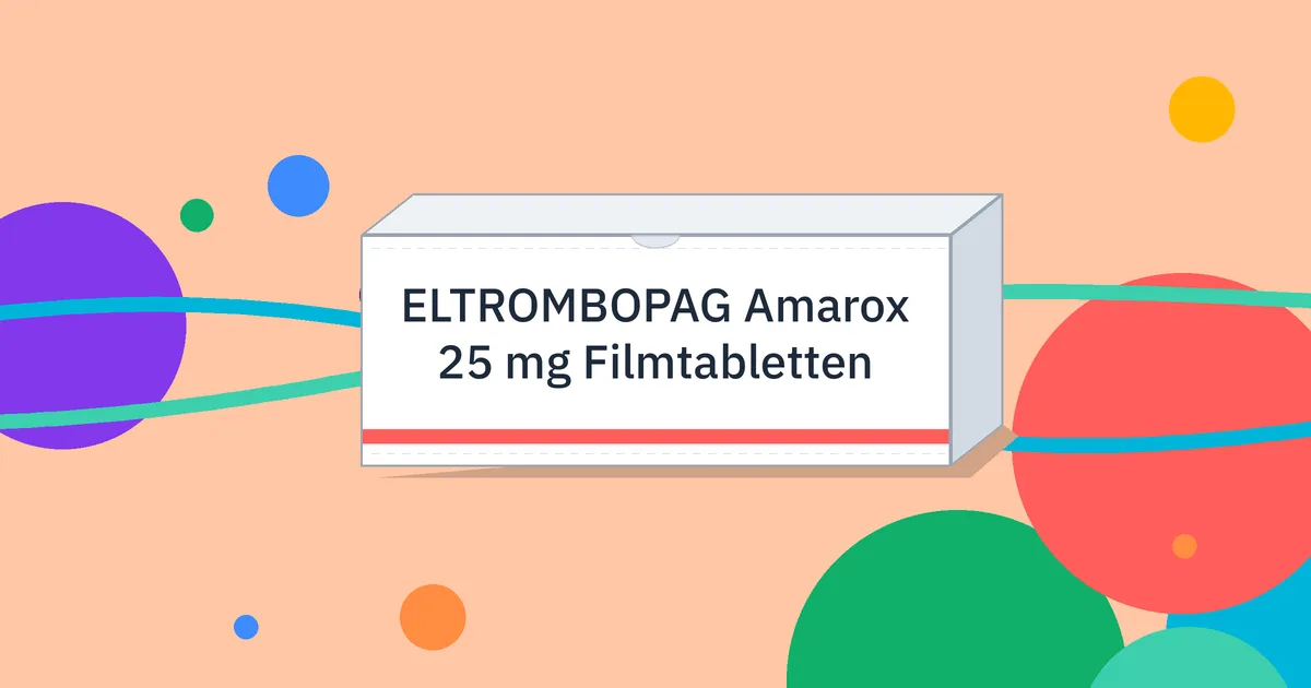 Symbolbild: Packung mit der Aufschrift ELTROMBOPAG Amarox 25 mg Filmtabletten (PZN 19708500) – Verfügbarkeit und Bezug in Apotheken in Frankfurt am Main