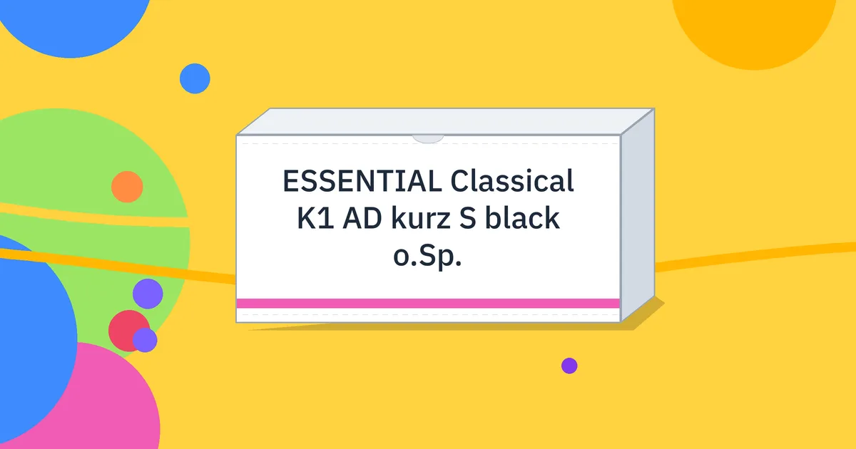 Symbolbild: Packung mit der Aufschrift ESSENTIAL Classical K1 AD kurz S black o.Sp. (PZN 17004120) – Verfügbarkeit und Bezug in Apotheken in Frankfurt am Main