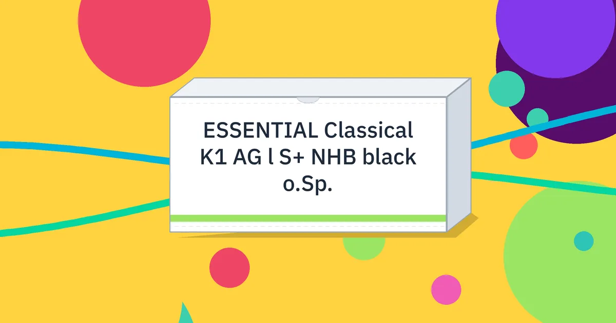 Symbolbild: Packung mit der Aufschrift ESSENTIAL Classical K1 AG l S+ NHB black o.Sp. (PZN 17004516) – Verfügbarkeit und Bezug in Apotheken in Frankfurt am Main