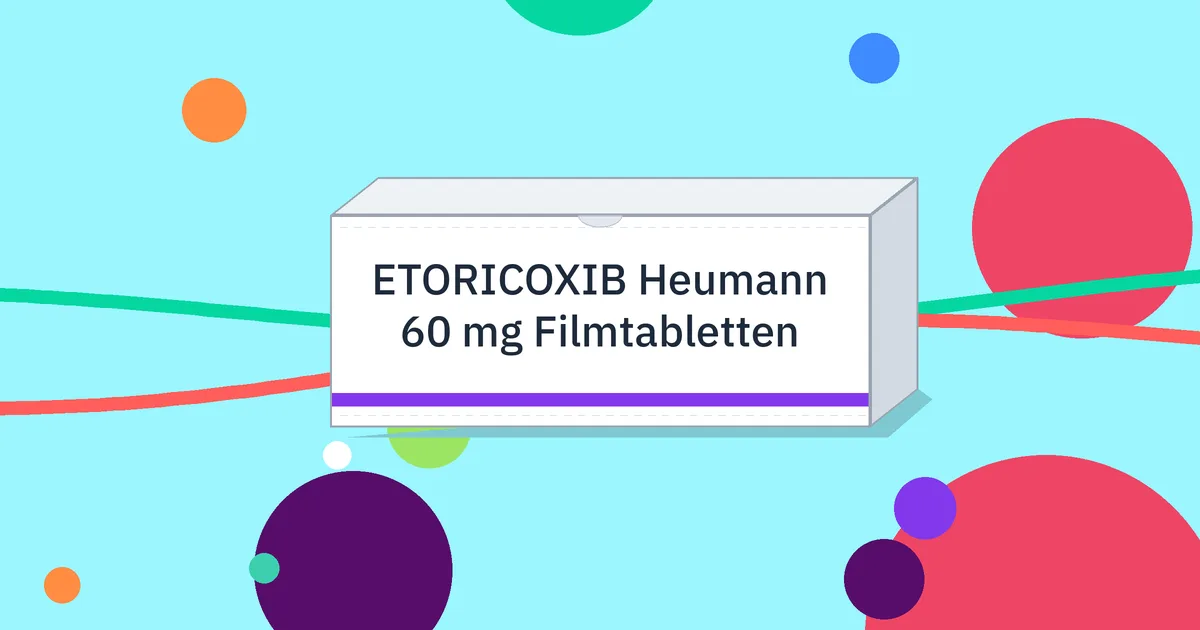 Symbolbild: Packung mit der Aufschrift ETORICOXIB Heumann 60 mg Filmtabletten (PZN 12545064) – Verfügbarkeit und Bezug in Apotheken in Frankfurt am Main