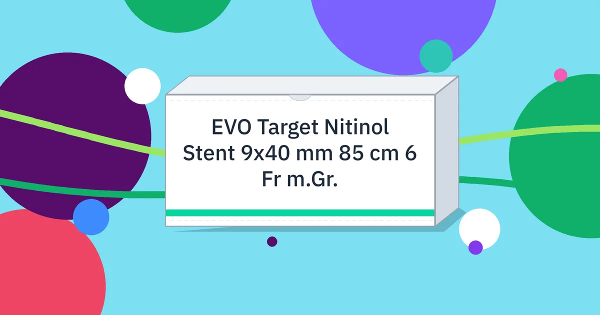 Symbolbild: Packung mit der Aufschrift EVO Target Nitinol Stent 9x40 mm 85 cm 6 Fr m.Gr. (PZN 00101385) – Verfügbarkeit und Bezug in Apotheken in Frankfurt am Main