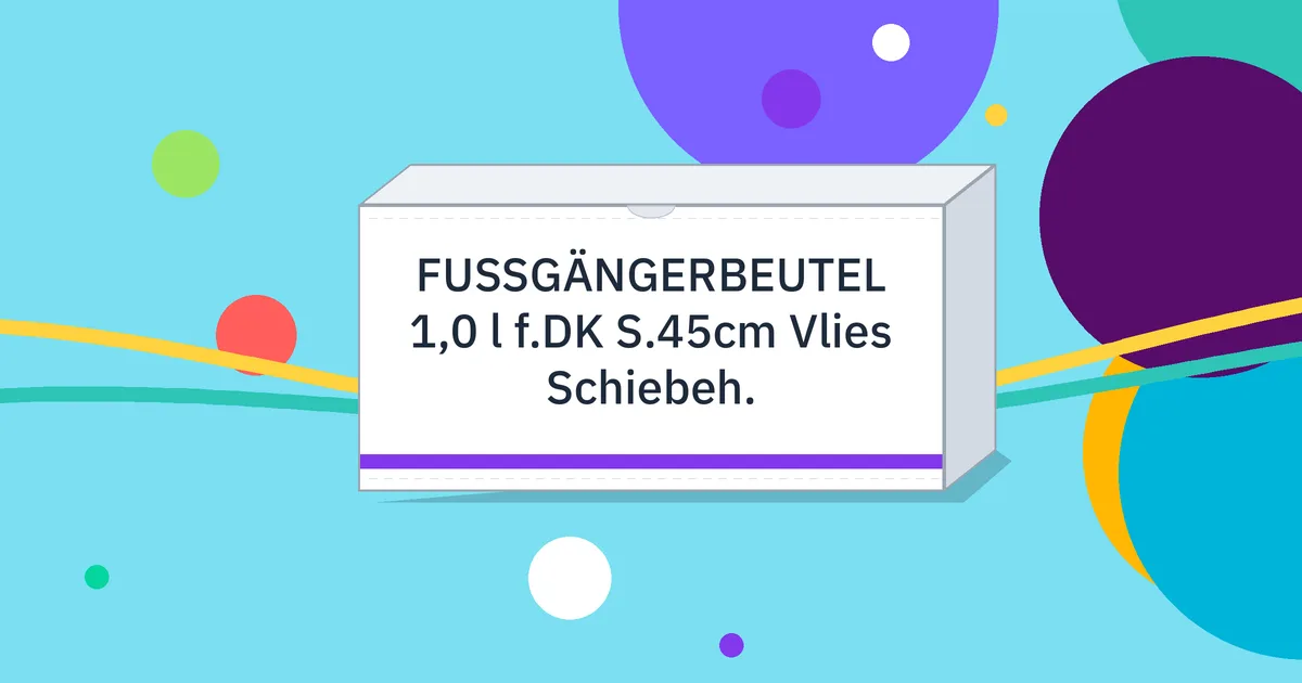 Symbolbild: Packung mit der Aufschrift FUSSGÄNGERBEUTEL 1,0 l f.DK S.45cm Vlies Schiebeh. (PZN 06096768) – Verfügbarkeit und Bezug in Apotheken in Frankfurt am Main