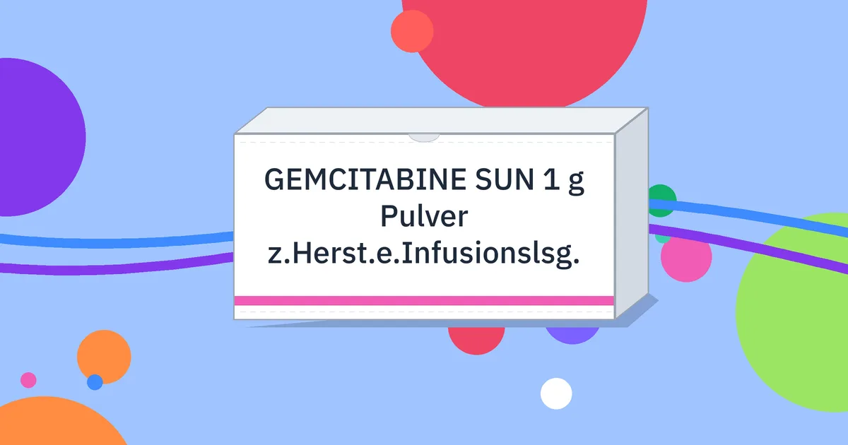 Symbolbild: Packung mit der Aufschrift GEMCITABINE SUN 1 g Pulver z.Herst.e.Infusionslsg. (PZN 06143634) – Verfügbarkeit und Bezug in Apotheken in Frankfurt am Main