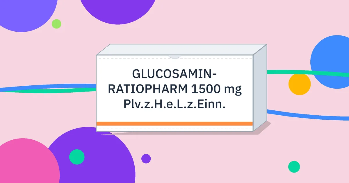 Symbolbild: Packung mit der Aufschrift GLUCOSAMIN-RATIOPHARM 1500 mg Plv.z.H.e.L.z.Einn. (PZN 06718678) – Verfügbarkeit und Bezug in Apotheken in Frankfurt am Main