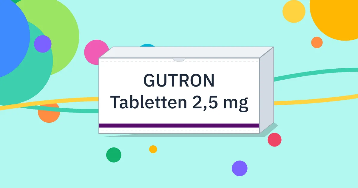 Symbolbild: Packung mit der Aufschrift GUTRON Tabletten 2,5 mg (PZN 04273485) – Verfügbarkeit und Bezug in Apotheken in Frankfurt am Main