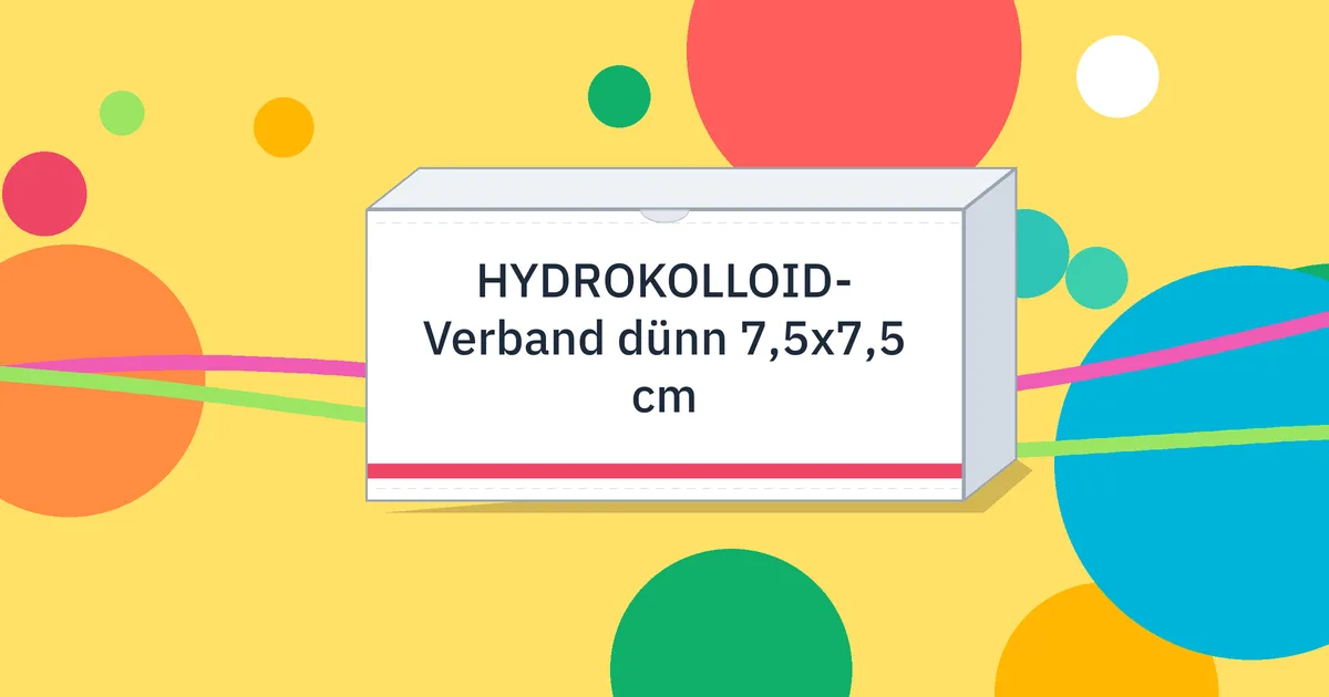 Symbolbild: Packung mit der Aufschrift HYDROKOLLOID-Verband dünn 7,5x7,5 cm (PZN 18717371) – Verfügbarkeit und Bezug in Apotheken in Frankfurt am Main