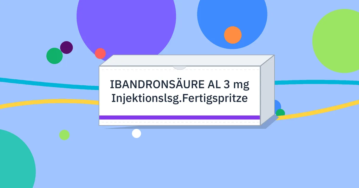 Symbolbild: Packung mit der Aufschrift IBANDRONSÄURE AL 3 mg Injektionslsg.Fertigspritze (PZN 19135197) – Verfügbarkeit und Bezug in Apotheken in Frankfurt am Main