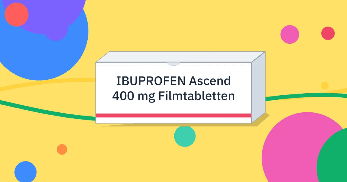 Symbolbild: Packung mit der Aufschrift IBUPROFEN Ascend 400 mg Filmtabletten (PZN 16127174) – Verfügbarkeit und Bezug in Apotheken in Frankfurt am Main