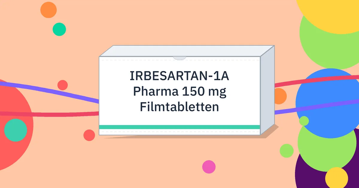Symbolbild: Packung mit der Aufschrift IRBESARTAN-1A Pharma 150 mg Filmtabletten (PZN 09607212) – Verfügbarkeit und Bezug in Apotheken in Frankfurt am Main