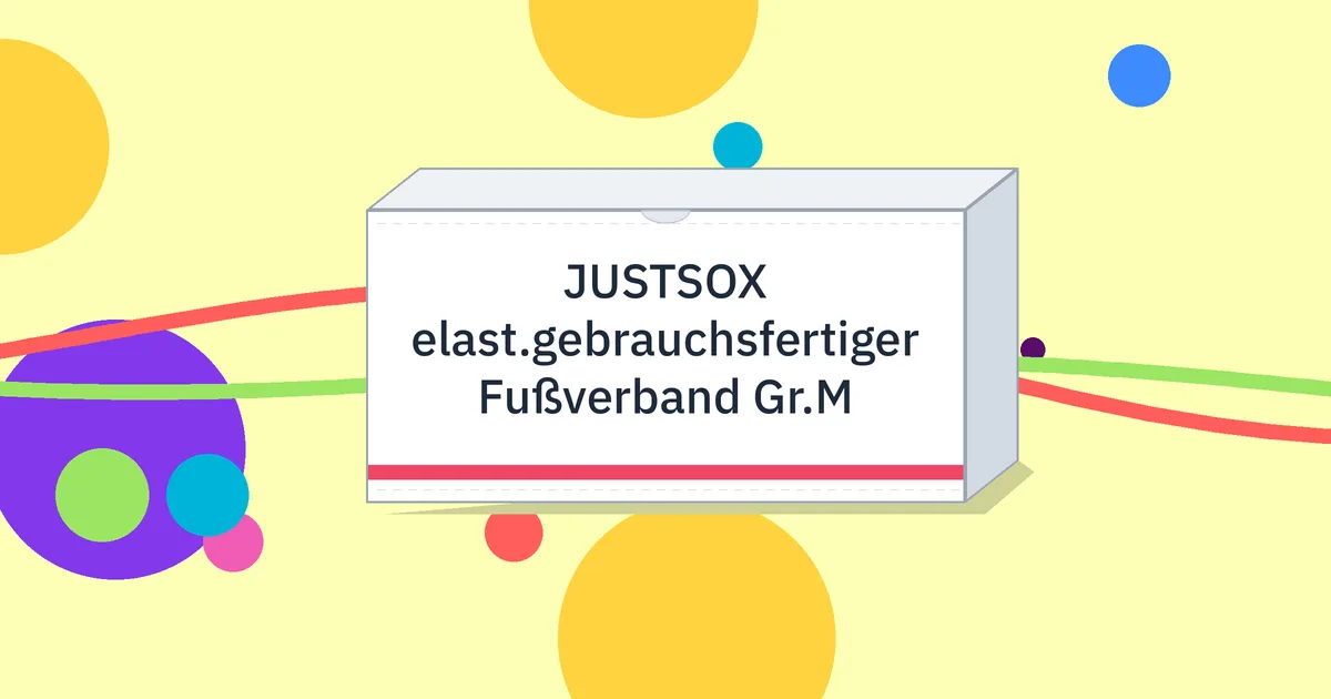 Symbolbild: Packung mit der Aufschrift JUSTSOX elast.gebrauchsfertiger Fußverband Gr.M (PZN 20130288) – Verfügbarkeit und Bezug in Apotheken in Frankfurt am Main