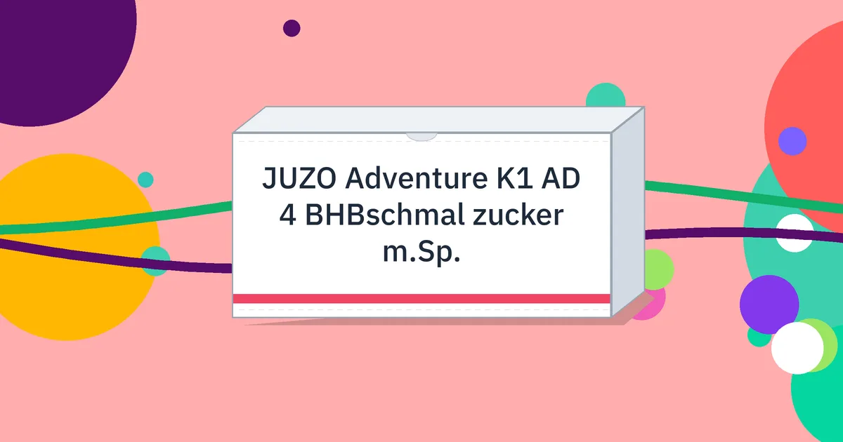 Symbolbild: Packung mit der Aufschrift JUZO Adventure K1 AD 4 BHBschmal zucker m.Sp. (PZN 16342889) – Verfügbarkeit und Bezug in Apotheken in Frankfurt am Main