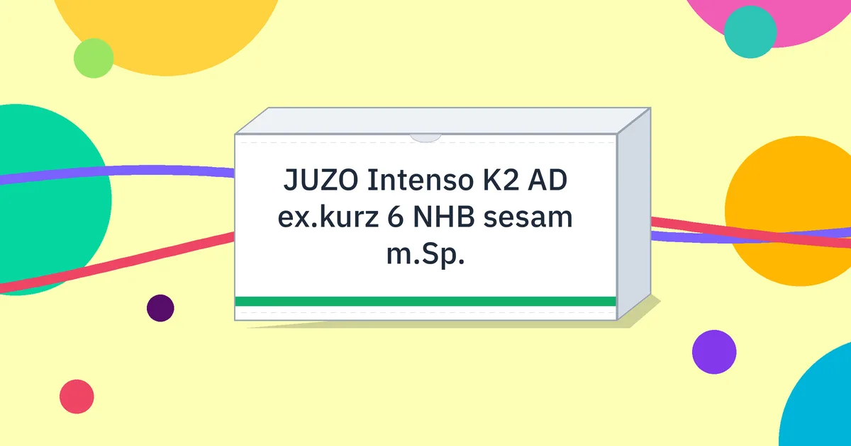 Symbolbild: Packung mit der Aufschrift JUZO Intenso K2 AD ex.kurz 6 NHB sesam m.Sp. (PZN 18611572) – Verfügbarkeit und Bezug in Apotheken in Frankfurt am Main